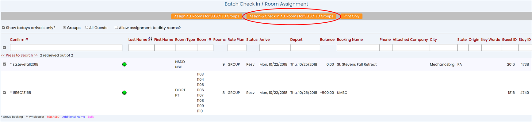 Batch Check In and Batch Auto Room Assign