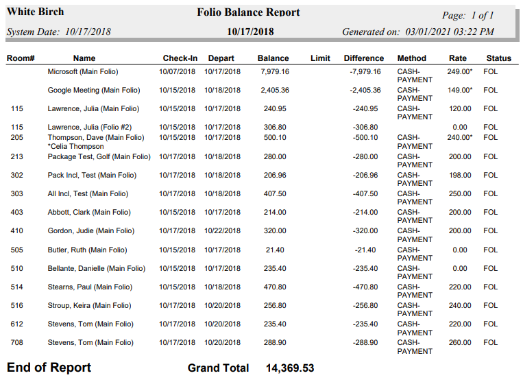 Folio Balance Report