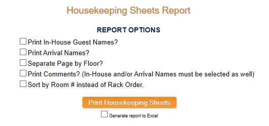 Housekeeping Sheets Report