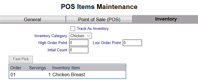 POS Items Menu Item Set Up - Inventory tab