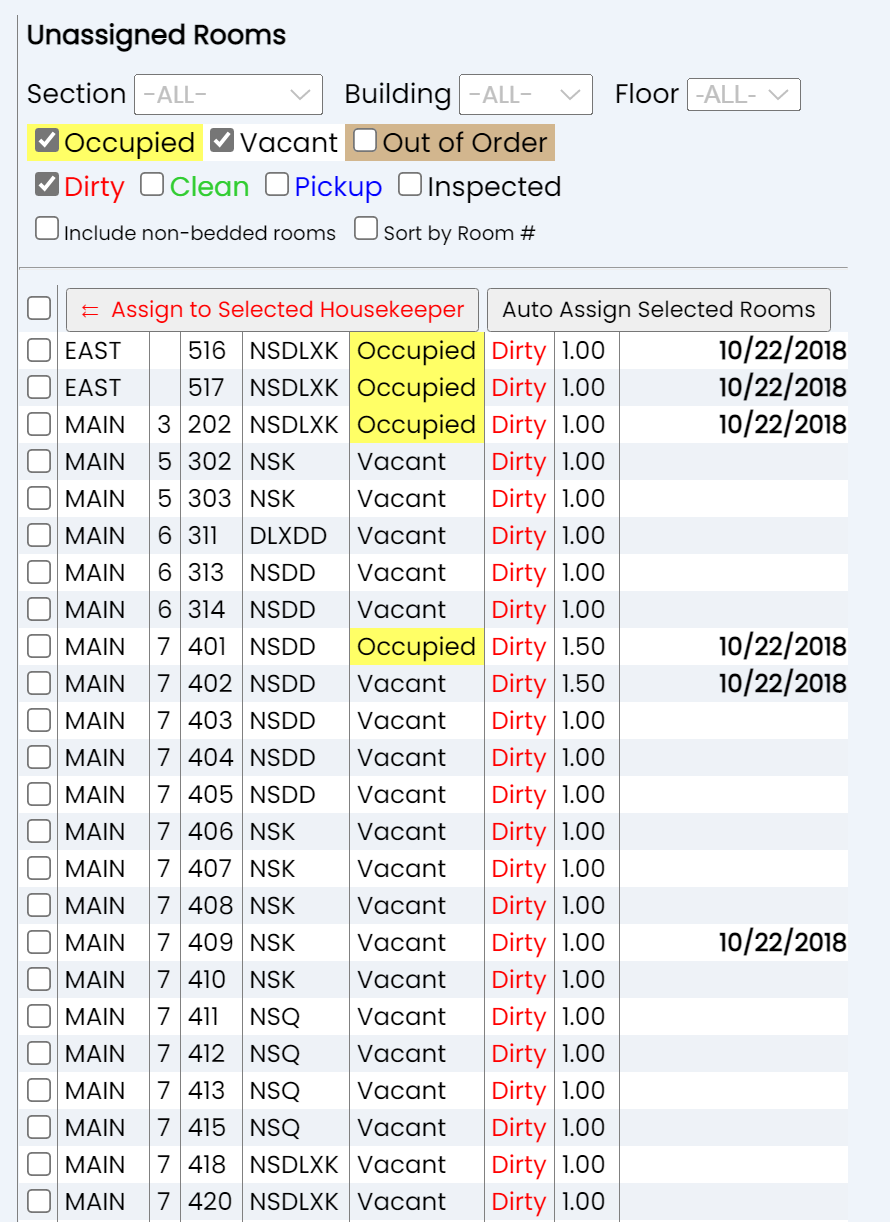 Housekeeping Room Assignments
