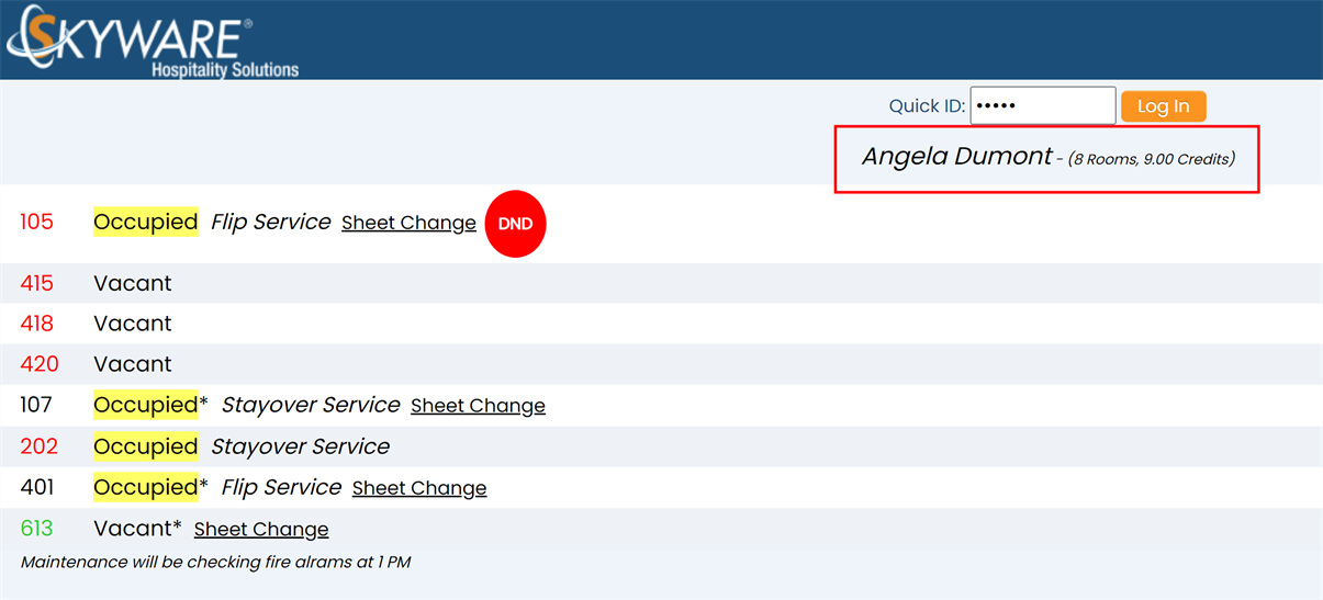 Housekeepers Dashboard