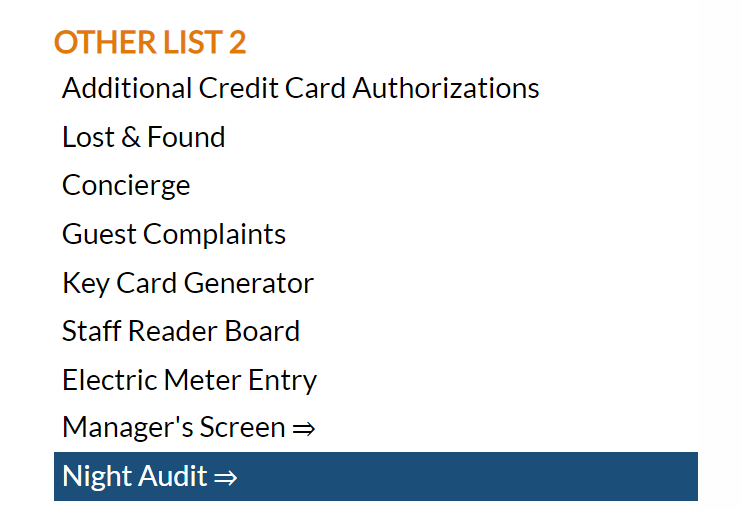 Night Audit Menu Screen - Overview